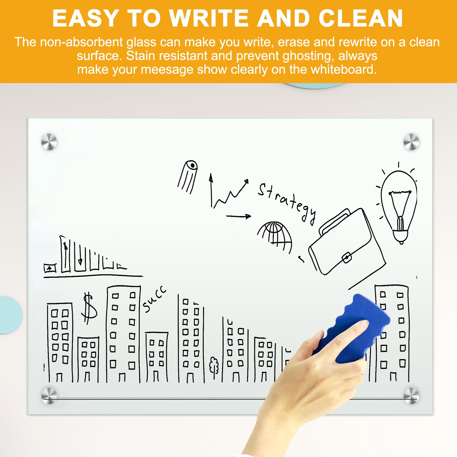 H-Qprobd Dry Erase White Board 48"x36" Glass Magnetic Whiteboard for Wall, Includes 12 Magnets, 8 Markers and 2 Erasers