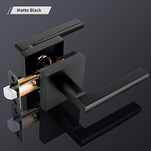 LOQRON Passage Door Lever Heavy Duty Keyless Door Handle Square Non-Locking Door Lock Matte Black Finish Reversible for Hall Closet Door