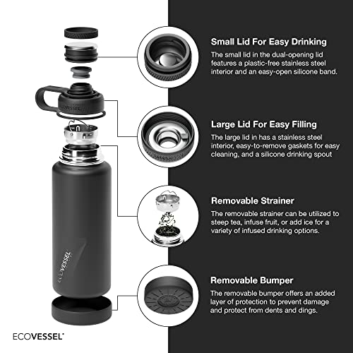EcoVessel Stainless Steel Water Bottle with Insulated Dual Lid, Insulated Water Bottle with Strainer and Silicone Bottle Bumper, Coffee Mug β 32oz (Dawn Patrol)