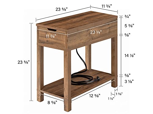 Labcosi 2-Pack Modern Farmhouse Side Table, Narrow End Table with Charging Station, Flip Top End Table with Storage Shelf, Rustic Oak Color