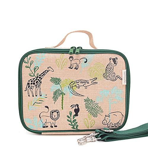 SoYoung Insulated Lunch Bag for Boys and Girls, Reusable Lunch Box with Removable Liner, Adjustable Strap and Pocket, Machine Washable Portable Bag with Handle for School, Picnic (Safari Friends)