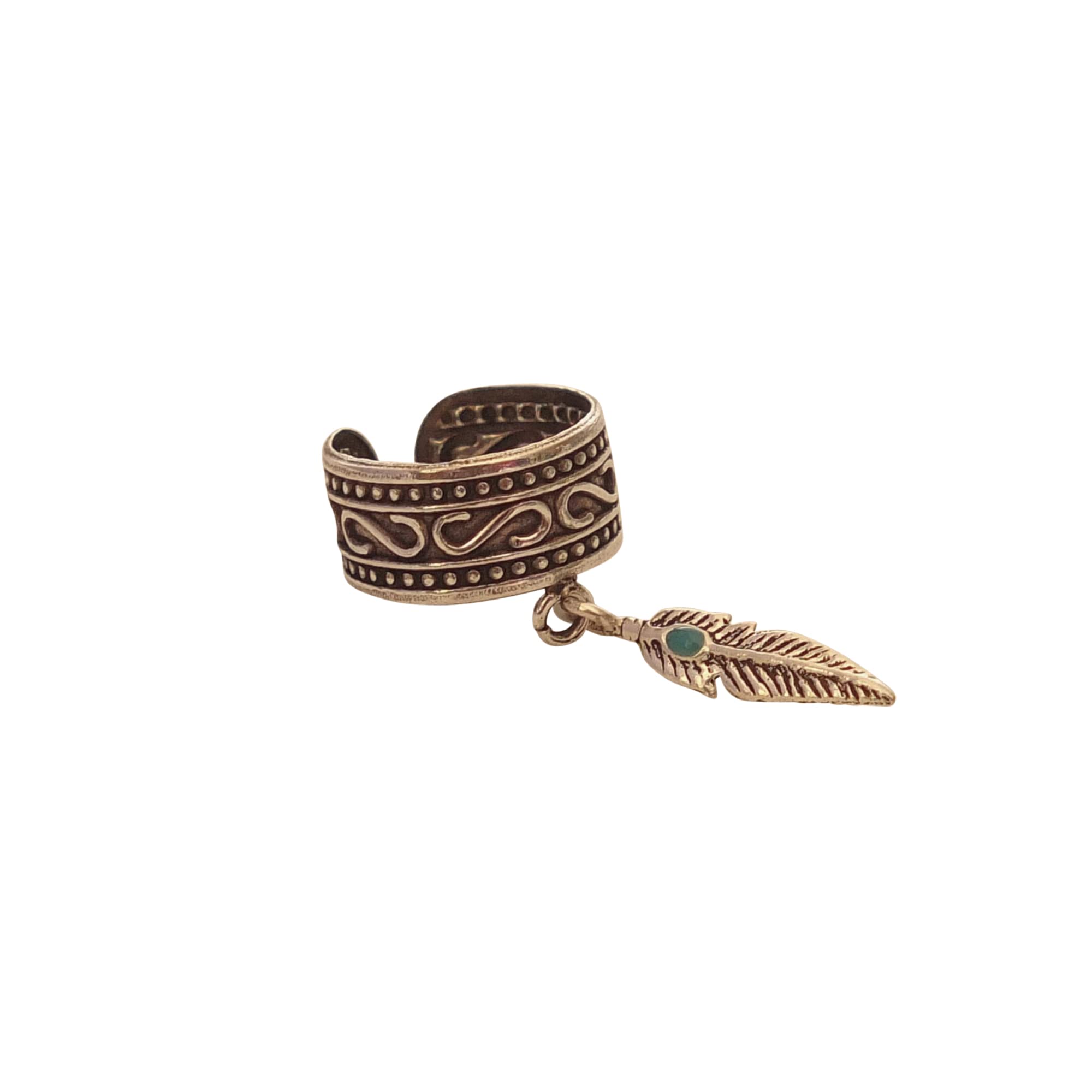 Handmade Single Sterling Silver Ear Cuff Wide Band & Feather Turquoise - Adjustable Clip On Non Piercing Huggie Fake Earring - Dainty Ear Wrap Cartilage - MiYa Jewelry (Geometric Swirls)