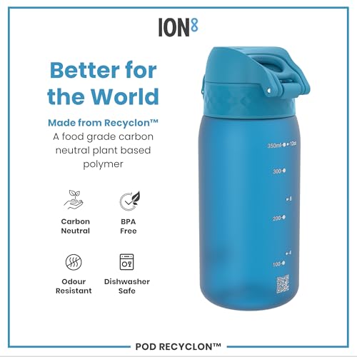 Ion8 Small Water Bottle, 350 ml/12 oz, Leak Proof, Easy to Open, Secure Lock, Dishwasher Safe, BPA Free, Carry Handle, Hygienic Flip Cover, Easy Clean, Odor Free, Carbon Neutral, Blue