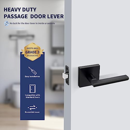 LOQRON Passage Door Lever Heavy Duty Keyless Door Handle Square Non-Locking Door Lock Matte Black Finish Reversible for Hall Closet Door