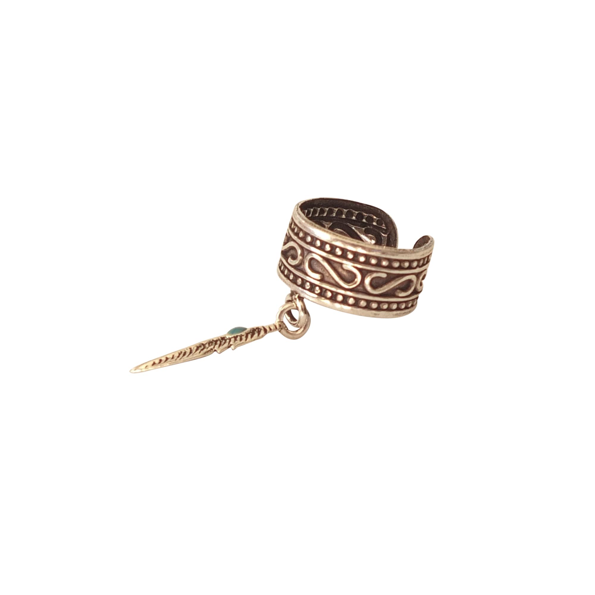 Handmade Single Sterling Silver Ear Cuff Wide Band & Feather Turquoise - Adjustable Clip On Non Piercing Huggie Fake Earring - Dainty Ear Wrap Cartilage - MiYa Jewelry (Geometric Swirls)
