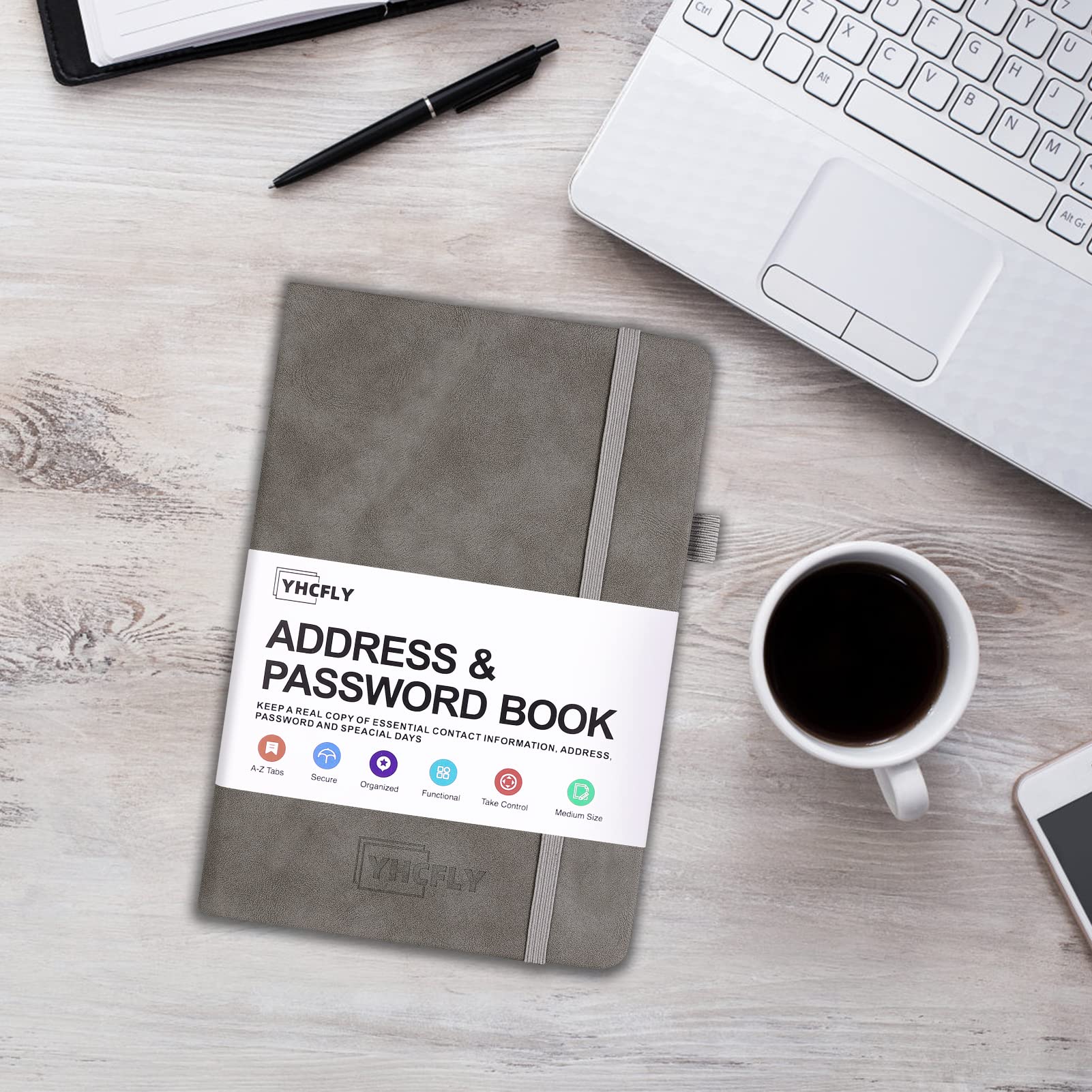 YHCFLY Address Book with Alphabetical Tabs, PU Leather Password Keeper and Telephone Book Address Organizer Record Contacts, Anniversaries, Birthdays - 5.3"x7.7" Grey
