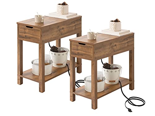 Labcosi 2-Pack Modern Farmhouse Side Table, Narrow End Table with Charging Station, Flip Top End Table with Storage Shelf, Rustic Oak Color
