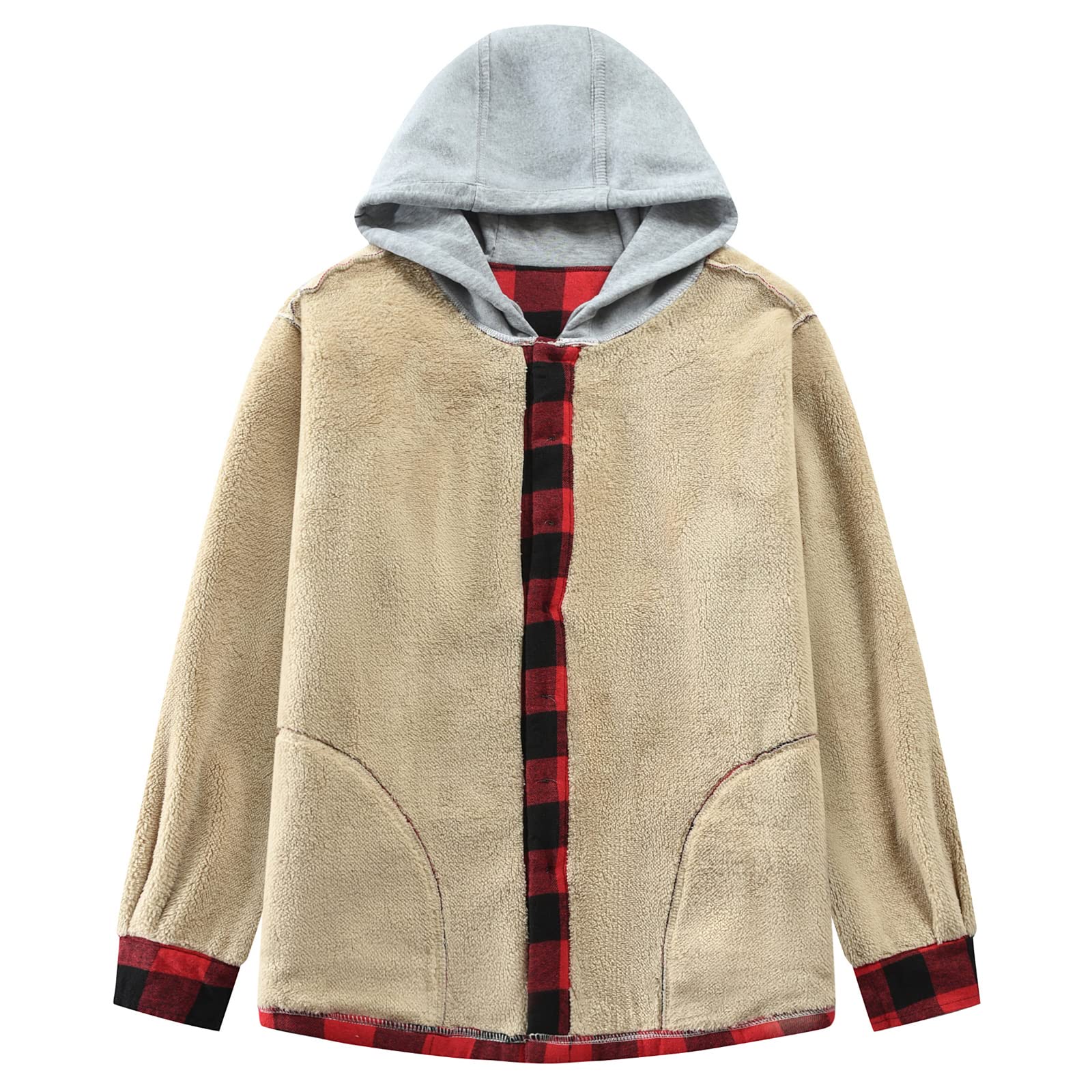 Derbars Men's Plaid Shirts Hoodie Casual Long Sleeve Flannel Shirt Jacket Winter Coat with Pocket Red Medium