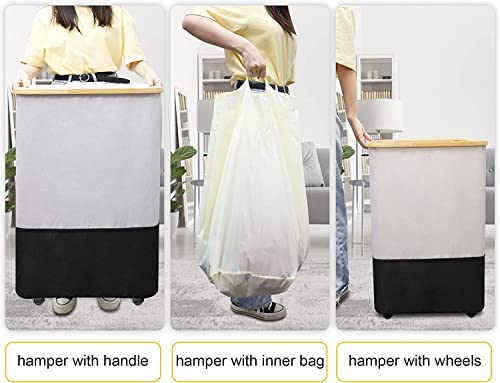 Large Laundry Hamper with Lid - Collapsible Laundry Baskets with Wheels and Removable Laundry Bag, 105L Capacity Dirty Clothes Hampers with Handles for Living Room, Bedroom, Laundry Room, Beige+Black