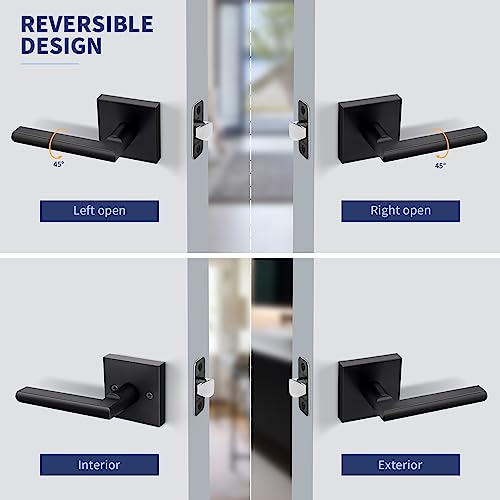 LOQRON Passage Door Lever Heavy Duty Keyless Door Handle Square Non-Locking Door Lock Matte Black Finish Reversible for Hall Closet Door