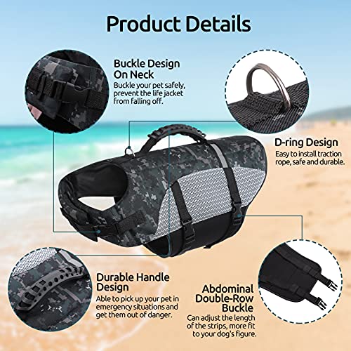 LETSQK Dog Life Jacket Dog Safety Vest with Adjustable Buckles for Small Medium Large Dogs, Pet Life Preserver Jacket with Durable Rescue Handle for Swimming,Surfing,Boating,Hunting