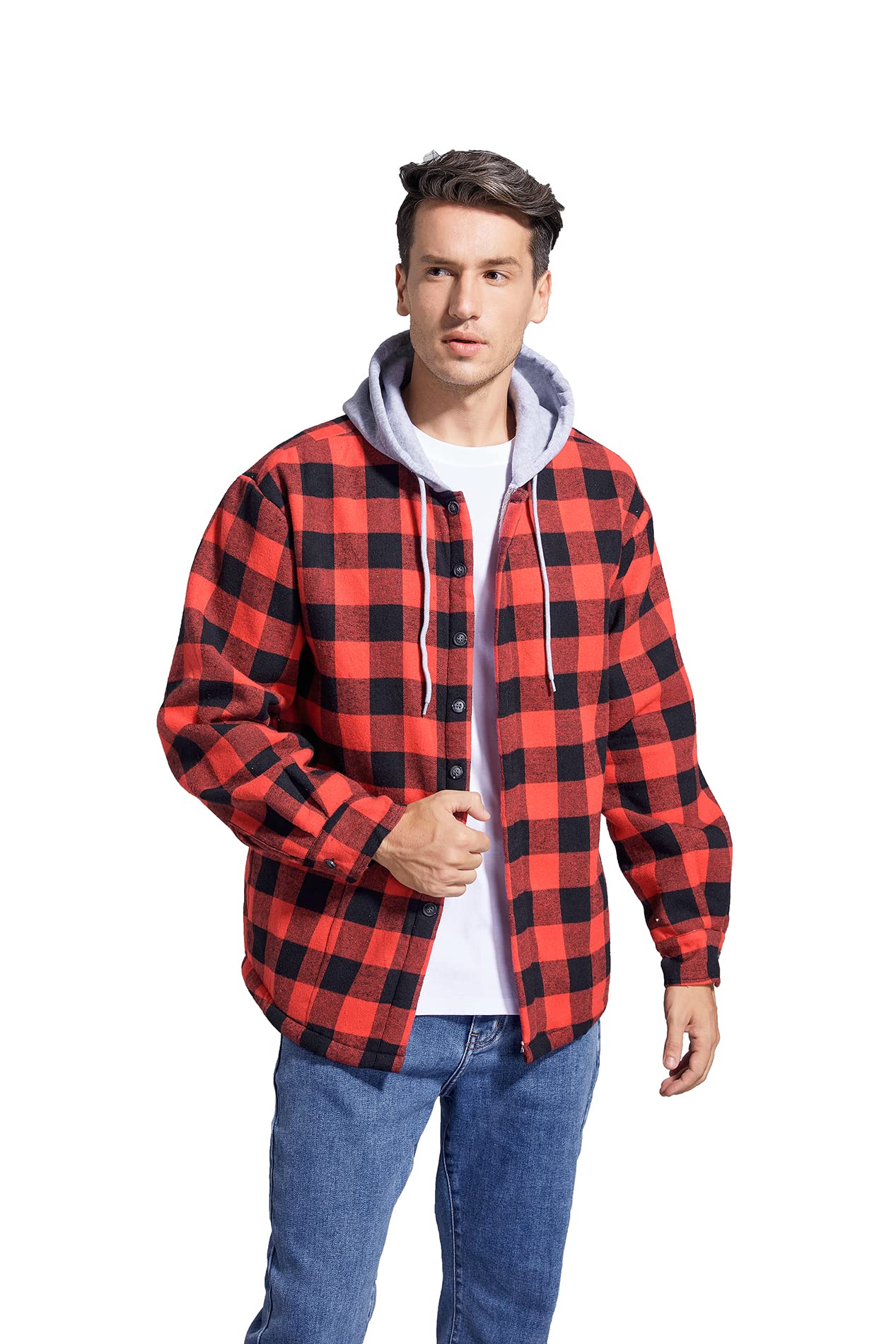 Derbars Men's Plaid Shirts Hoodie Casual Long Sleeve Flannel Shirt Jacket Winter Coat with Pocket Red Medium
