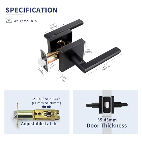 LOQRON Passage Door Lever Heavy Duty Keyless Door Handle Square Non-Locking Door Lock Matte Black Finish Reversible for Hall Closet Door