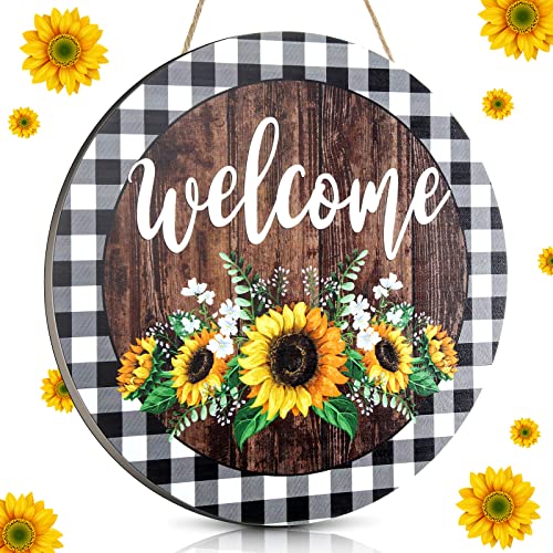 Jetec Sunflower Welcome Hanging Sign Front Door Decor Round Wooden Welcome Sign 12 x 12 Inches Buffalo Plaid Rustic Farmhouse Porch Decoration for Home, Restaurant, Shop