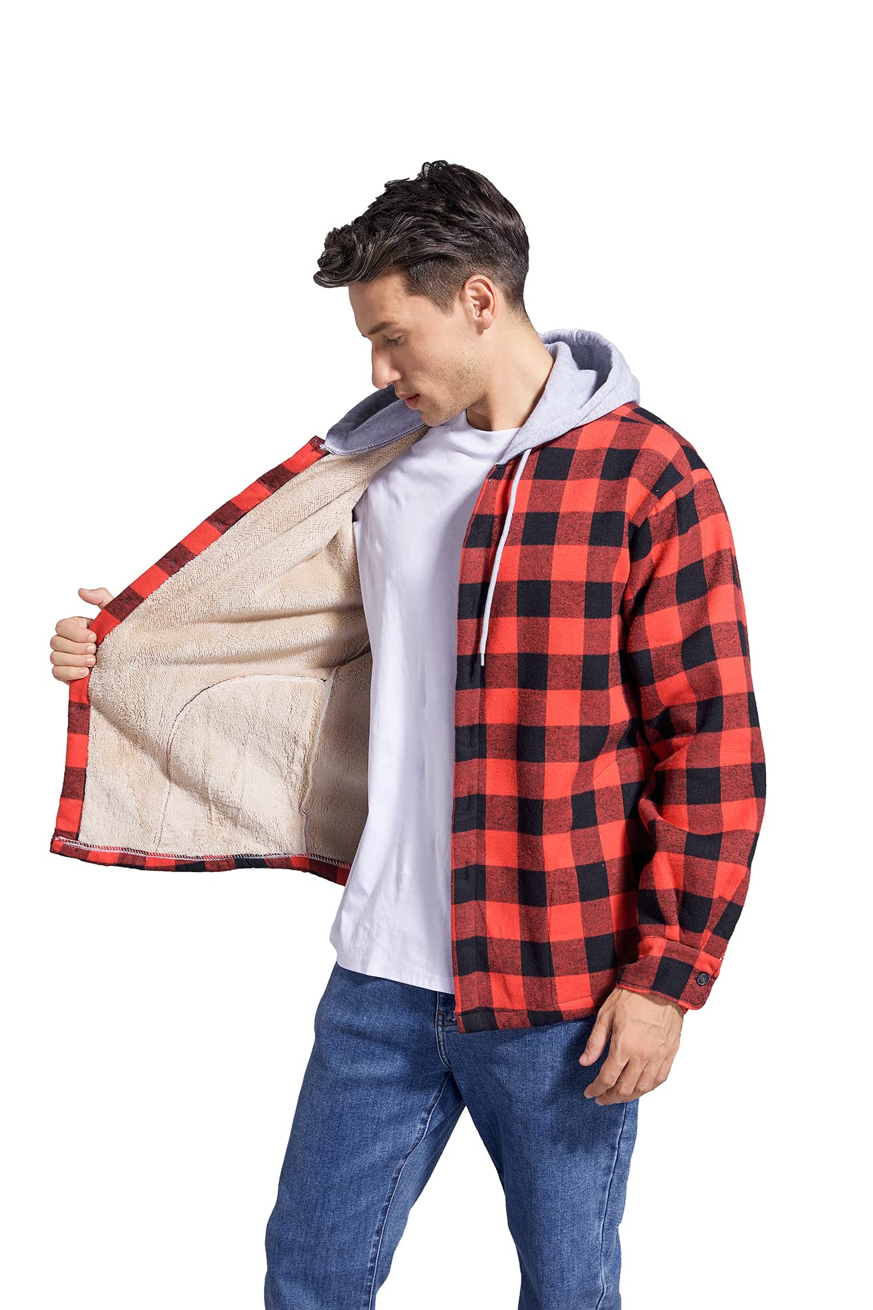 Derbars Men's Plaid Shirts Hoodie Casual Long Sleeve Flannel Shirt Jacket Winter Coat with Pocket Red Medium