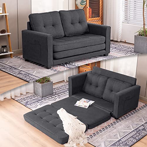 VINGLI Loveseat Sleeper, 80" Convertible Loveseat Sofa Bed Mid-Century Modern Sleeper Sofa Twin Floor Gaming Sofa Couch, Upholstered Fabric Futon Sofa for Living Room, Foldable Lazy Recliner Sofa,Grey