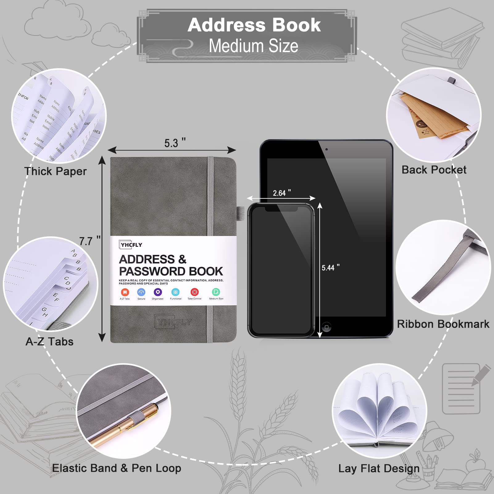 YHCFLY Address Book with Alphabetical Tabs, PU Leather Password Keeper and Telephone Book Address Organizer Record Contacts, Anniversaries, Birthdays - 5.3"x7.7" Grey