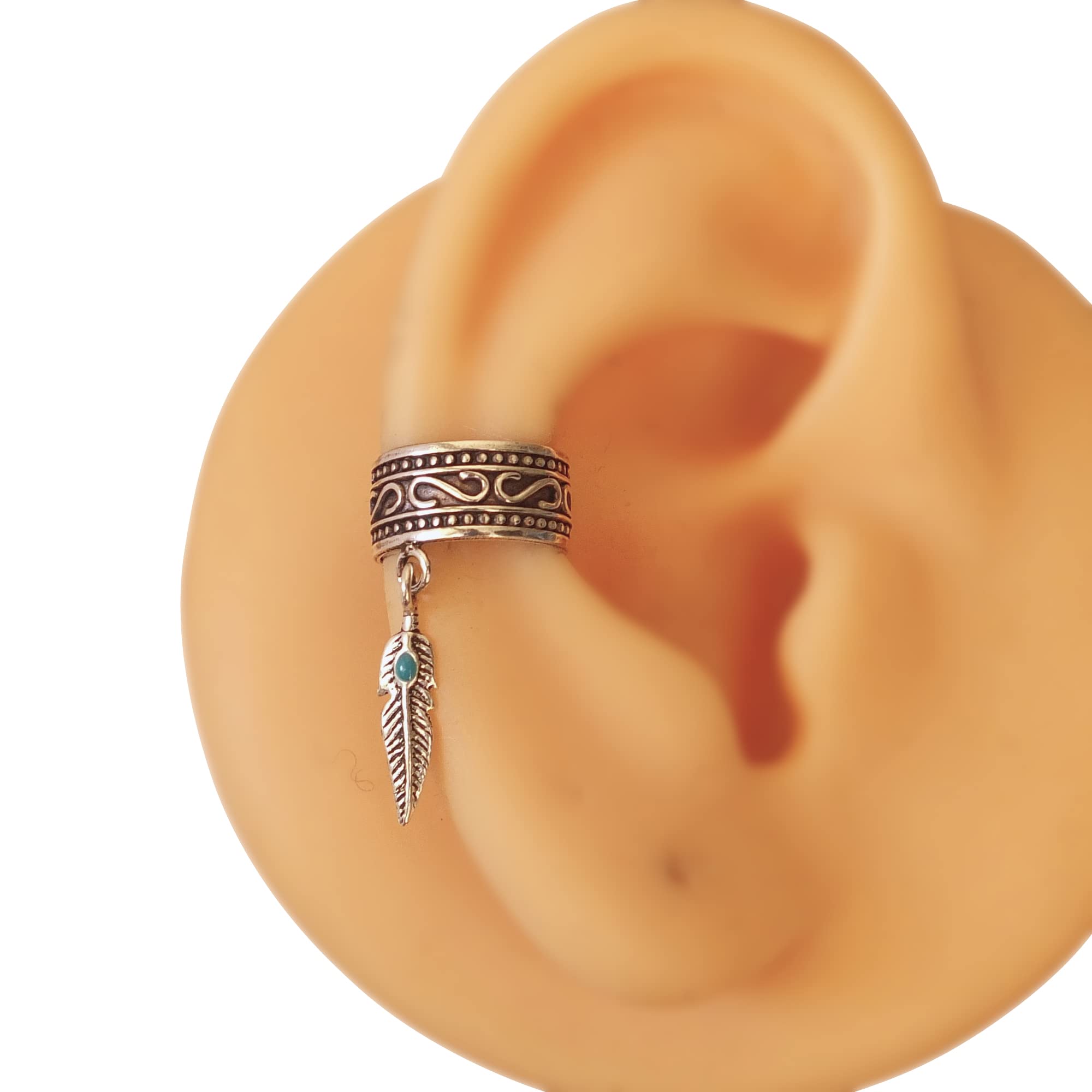 Handmade Single Sterling Silver Ear Cuff Wide Band & Feather Turquoise - Adjustable Clip On Non Piercing Huggie Fake Earring - Dainty Ear Wrap Cartilage - MiYa Jewelry (Geometric Swirls)