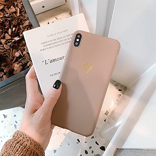 Ownest Compatible for iPhone X Case,iPhone Xs Case for Soft Liquid Silicone Gold Heart Pattern Slim Protective Shockproof Case for Women Girls for iPhone X/XS Case-Brown
