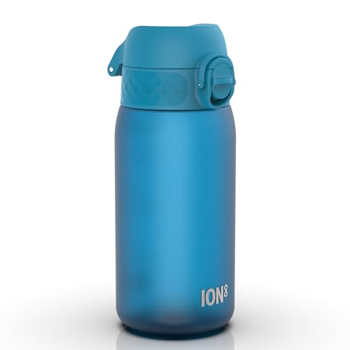 Ion8 Small Water Bottle, 350 ml/12 oz, Leak Proof, Easy to Open, Secure Lock, Dishwasher Safe, BPA Free, Carry Handle, Hygienic Flip Cover, Easy Clean, Odor Free, Carbon Neutral, Blue