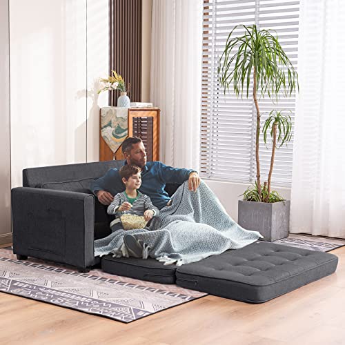 VINGLI Loveseat Sleeper, 80" Convertible Loveseat Sofa Bed Mid-Century Modern Sleeper Sofa Twin Floor Gaming Sofa Couch, Upholstered Fabric Futon Sofa for Living Room, Foldable Lazy Recliner Sofa,Grey