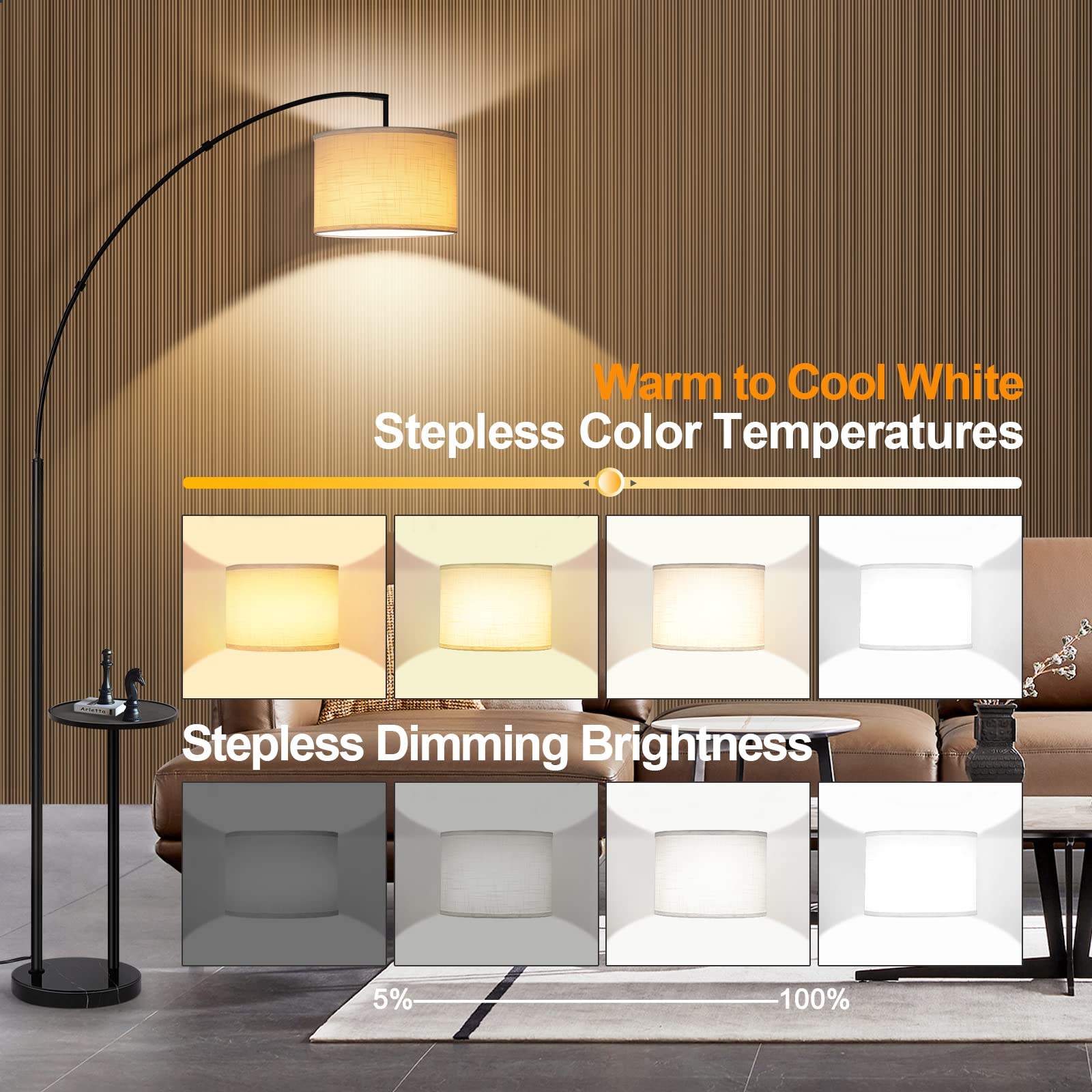 OUTON Arc Floor Lamp with Table and Marble Base, 81" Height LED Dimmable Floor Lamp with Remote & 4 Color Temperature, Tall Standing Lamp with Adjustable Hanging Drum Shade for Living Room, Bedroom