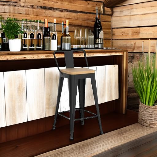 WENTMENT Metal Bar Stools Set of 4 Counter Height Bar Stools Barstools with Removable Back 24" Kitchen Bar Stools with Wooden Seat, Black