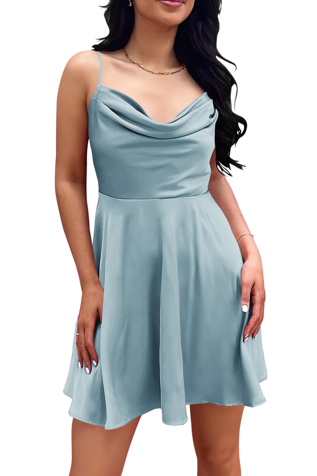 PRETTYGARDEN Women's Summer Satin Dress 2023 Sexy Spaghetti Strap Cowl Neck Ruffle A Line Short Party Dresses (Light Blue,Medium)