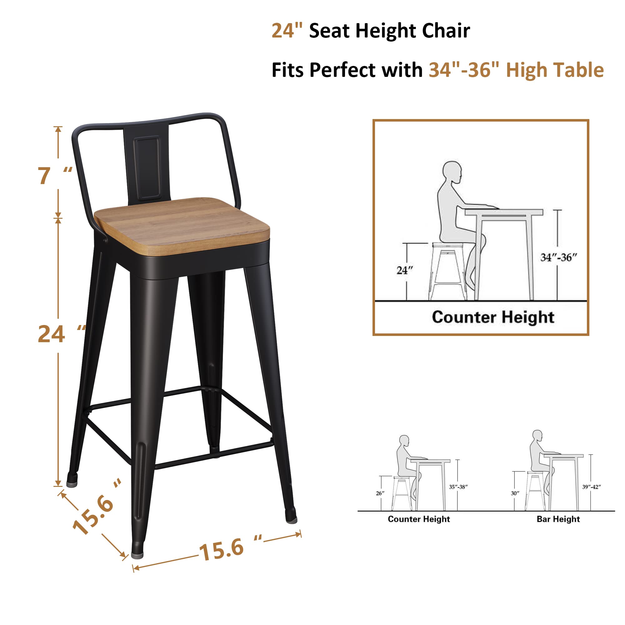 WENTMENT Metal Bar Stools Set of 4 Counter Height Bar Stools Barstools with Removable Back 24" Kitchen Bar Stools with Wooden Seat, Black