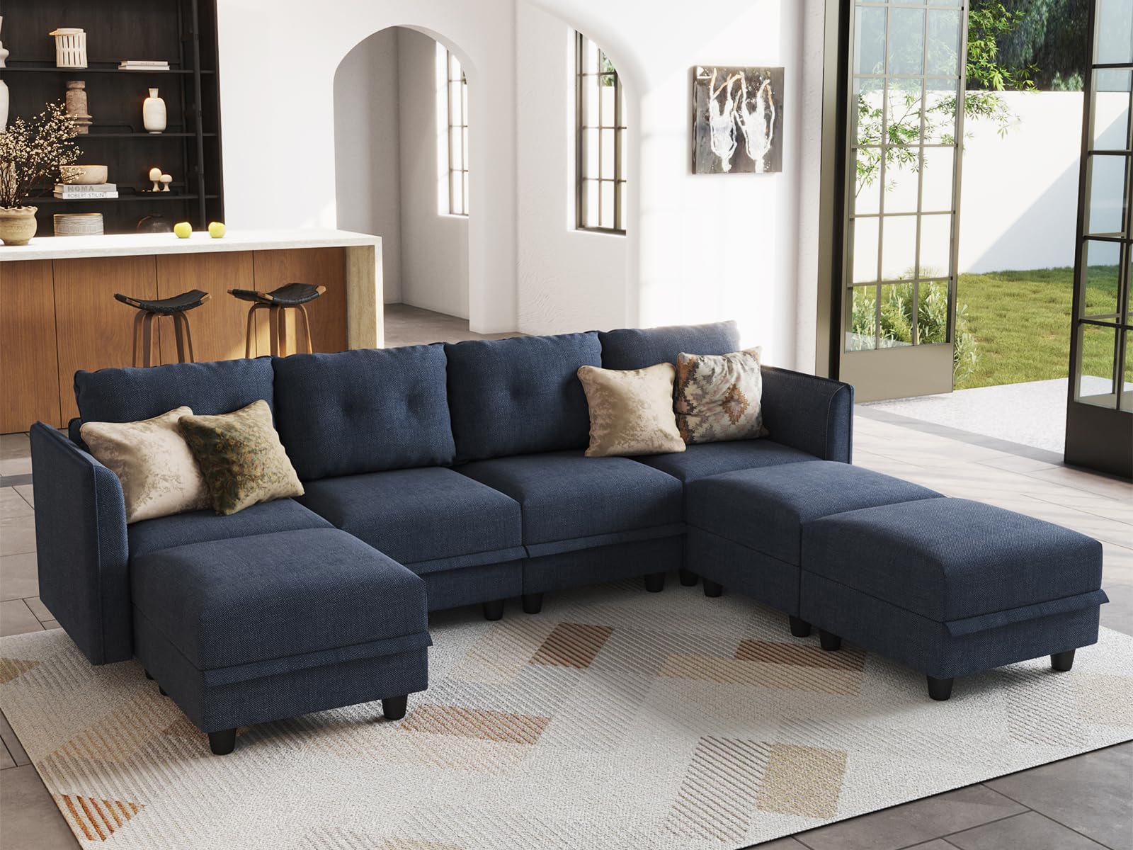 LLappuil Modular Sectional Sofa with Storage U Shaped Couch with Reversible Chaise Luxury Velvet Sofas for Living Room 4 Seats with 3 Ottomans Denim Blue