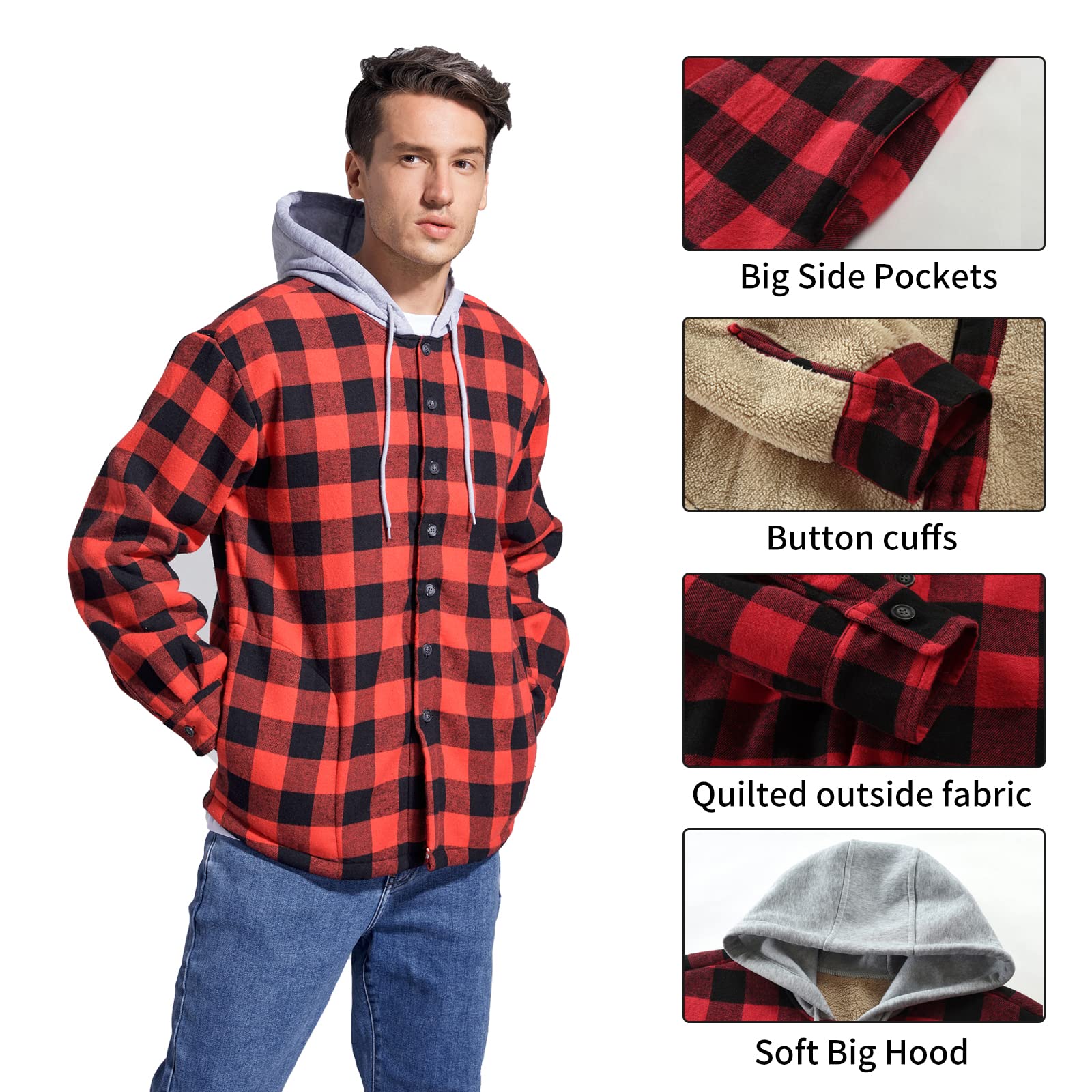 Derbars Men's Plaid Shirts Hoodie Casual Long Sleeve Flannel Shirt Jacket Winter Coat with Pocket Red Medium