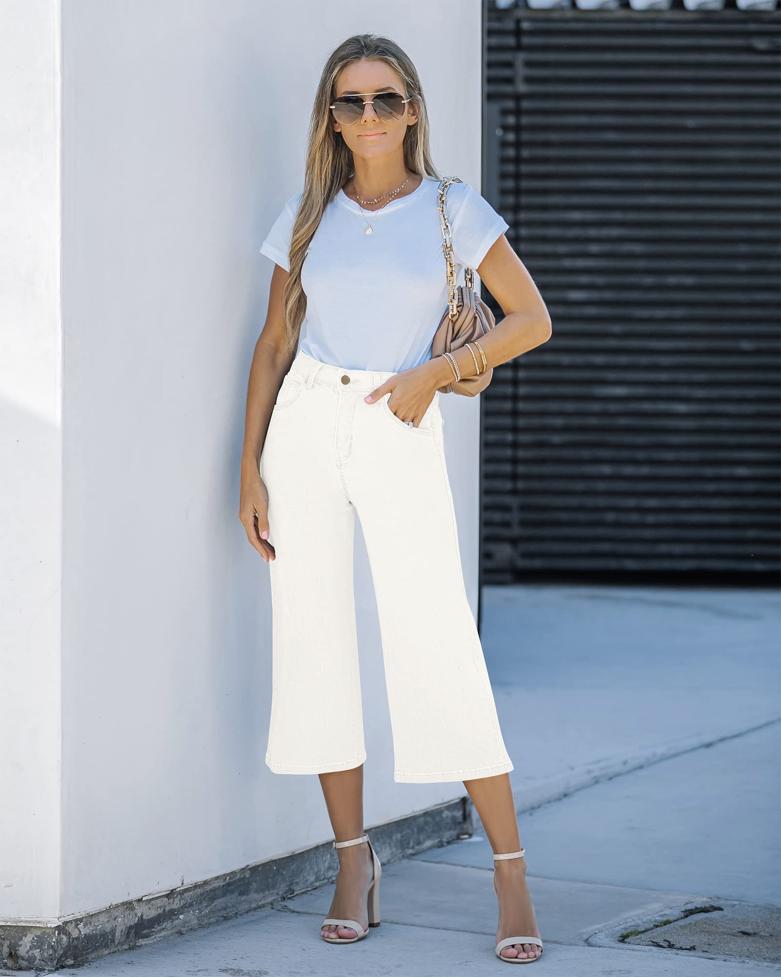 Vetinee Women's High Waisted Capri Pants, Denim Jeans, X-Large, Brilliant White