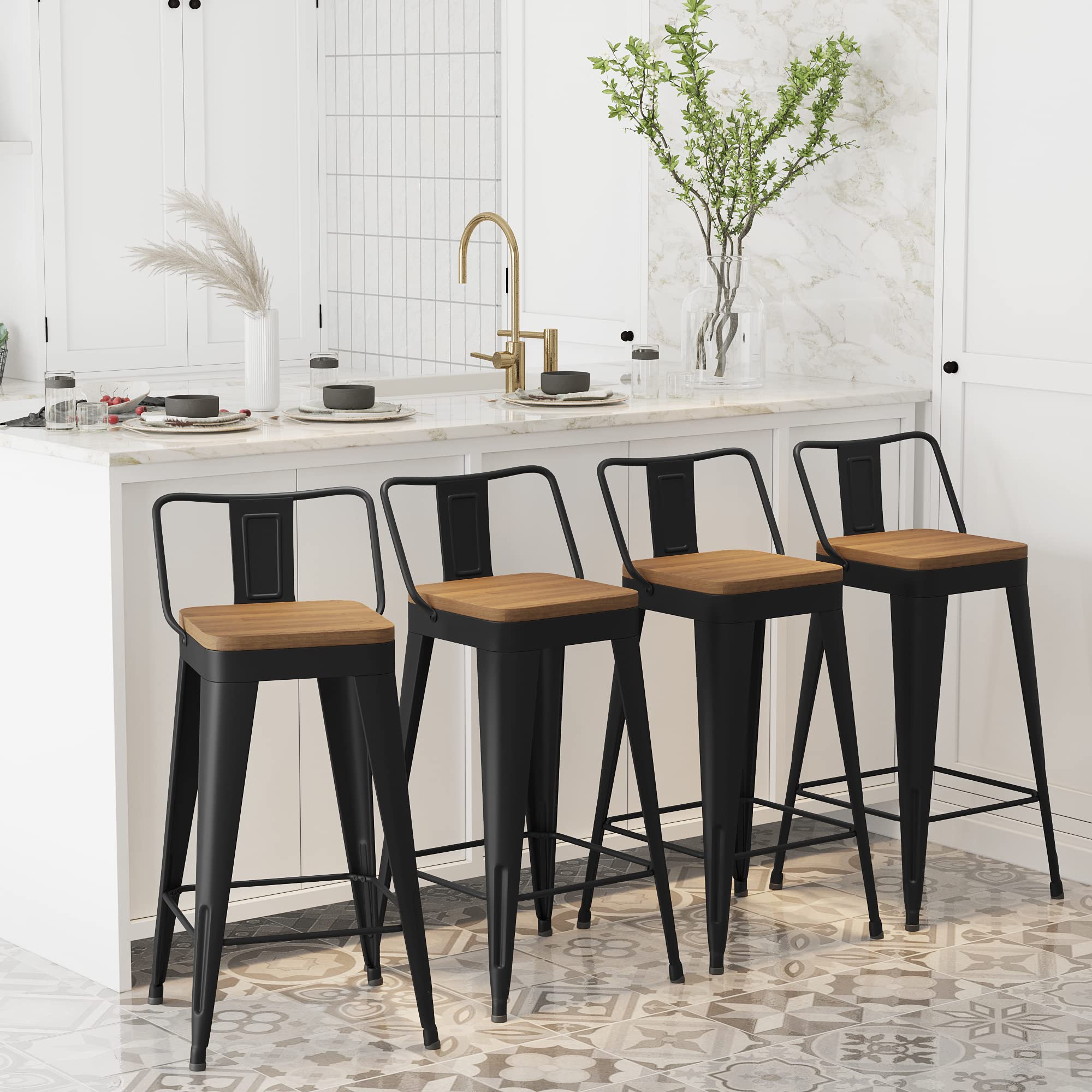 WENTMENT Metal Bar Stools Set of 4 Counter Height Bar Stools Barstools with Removable Back 24" Kitchen Bar Stools with Wooden Seat, Black