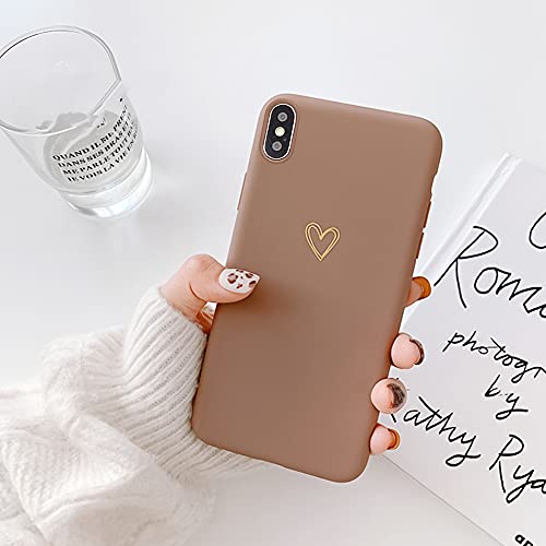 Ownest Compatible for iPhone X Case,iPhone Xs Case for Soft Liquid Silicone Gold Heart Pattern Slim Protective Shockproof Case for Women Girls for iPhone X/XS Case-Brown