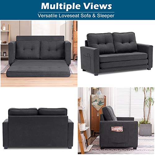 VINGLI Loveseat Sleeper, 80" Convertible Loveseat Sofa Bed Mid-Century Modern Sleeper Sofa Twin Floor Gaming Sofa Couch, Upholstered Fabric Futon Sofa for Living Room, Foldable Lazy Recliner Sofa,Grey