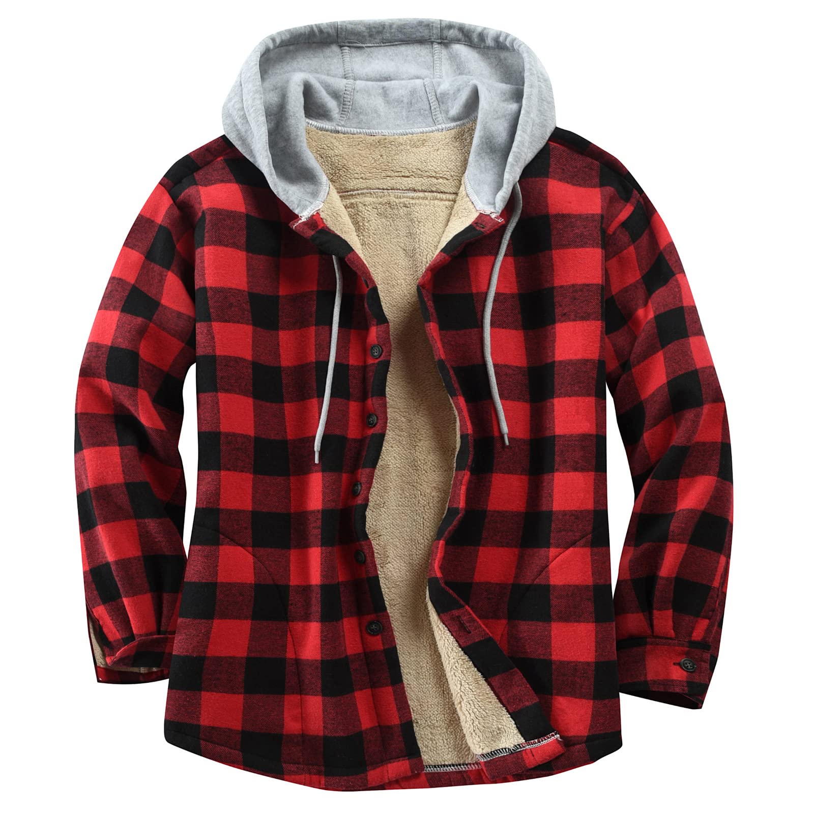 Derbars Men's Plaid Shirts Hoodie Casual Long Sleeve Flannel Shirt Jacket Winter Coat with Pocket Red Medium