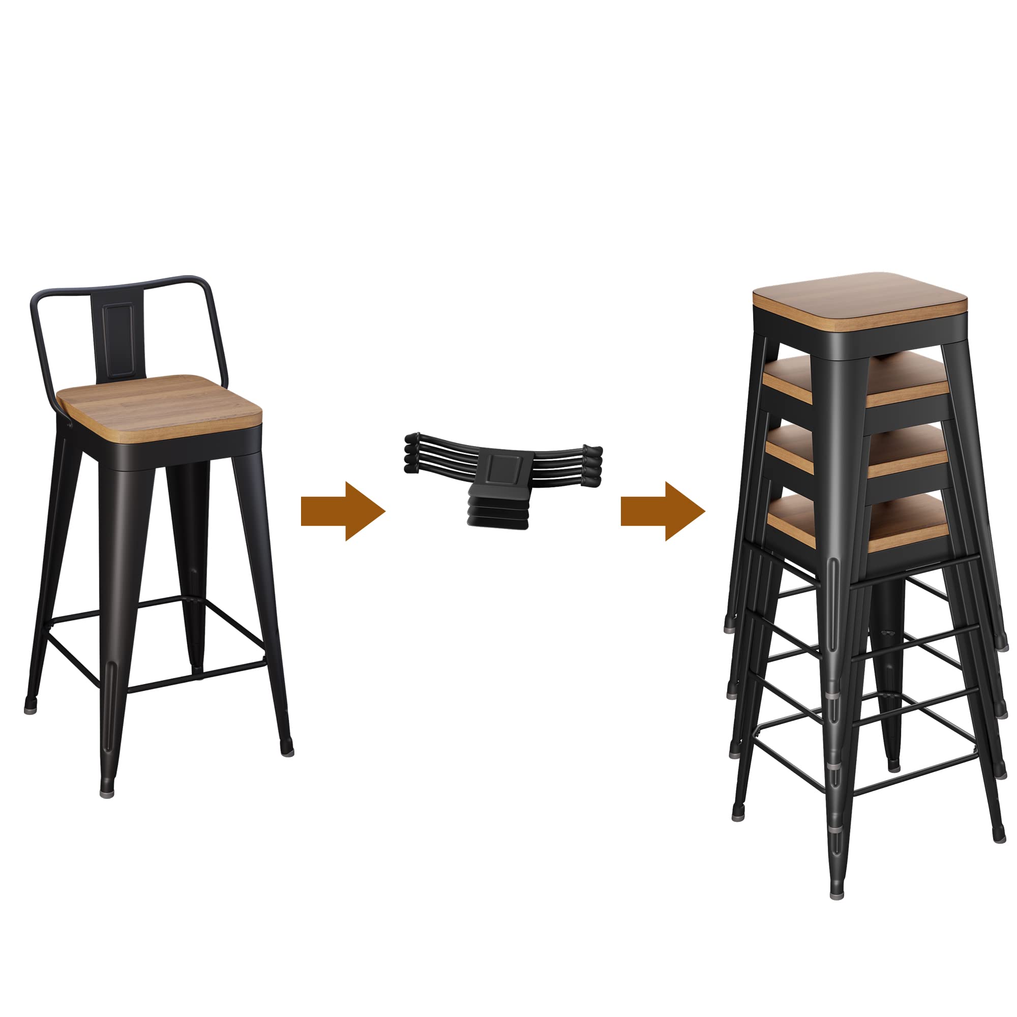 WENTMENT Metal Bar Stools Set of 4 Counter Height Bar Stools Barstools with Removable Back 24" Kitchen Bar Stools with Wooden Seat, Black