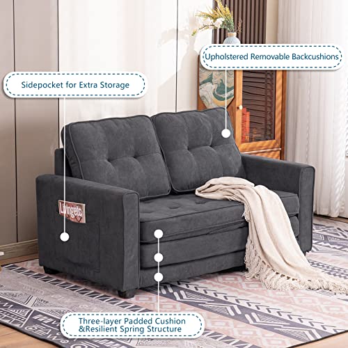 VINGLI Loveseat Sleeper, 80" Convertible Loveseat Sofa Bed Mid-Century Modern Sleeper Sofa Twin Floor Gaming Sofa Couch, Upholstered Fabric Futon Sofa for Living Room, Foldable Lazy Recliner Sofa,Grey