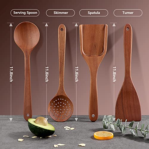Acacia Wooden Utensils Set 4 Pcs,Nonstick Wooden Kitchen Utensil Set,Wooden Spoon Set inicluding Spoon,Skimmer,Spatula,Turner(4 pack)