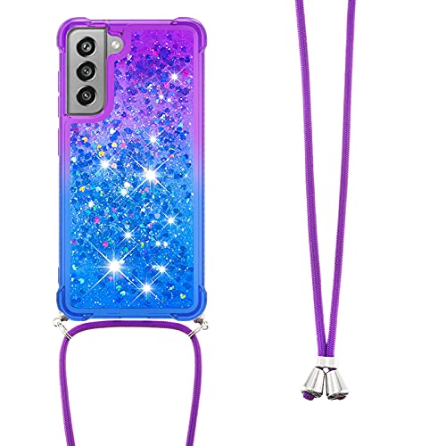 CCSmall Samsung Galaxy S21 FE (Not S21) Case,Strap Crossbody Gradient Quicksand Bling Sparkle Flowing Liquid Floating with Neck Cord Lanyard Strap Cover for Samsung Galaxy S21 FE LSGS Purple Navy