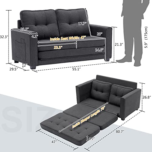 VINGLI Loveseat Sleeper, 80" Convertible Loveseat Sofa Bed Mid-Century Modern Sleeper Sofa Twin Floor Gaming Sofa Couch, Upholstered Fabric Futon Sofa for Living Room, Foldable Lazy Recliner Sofa,Grey