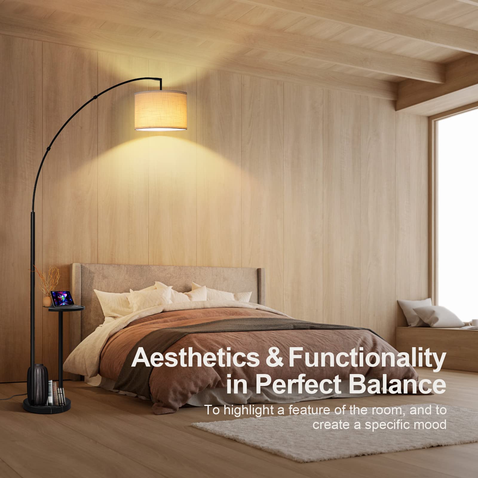 OUTON Arc Floor Lamp with Table and Marble Base, 81" Height LED Dimmable Floor Lamp with Remote & 4 Color Temperature, Tall Standing Lamp with Adjustable Hanging Drum Shade for Living Room, Bedroom