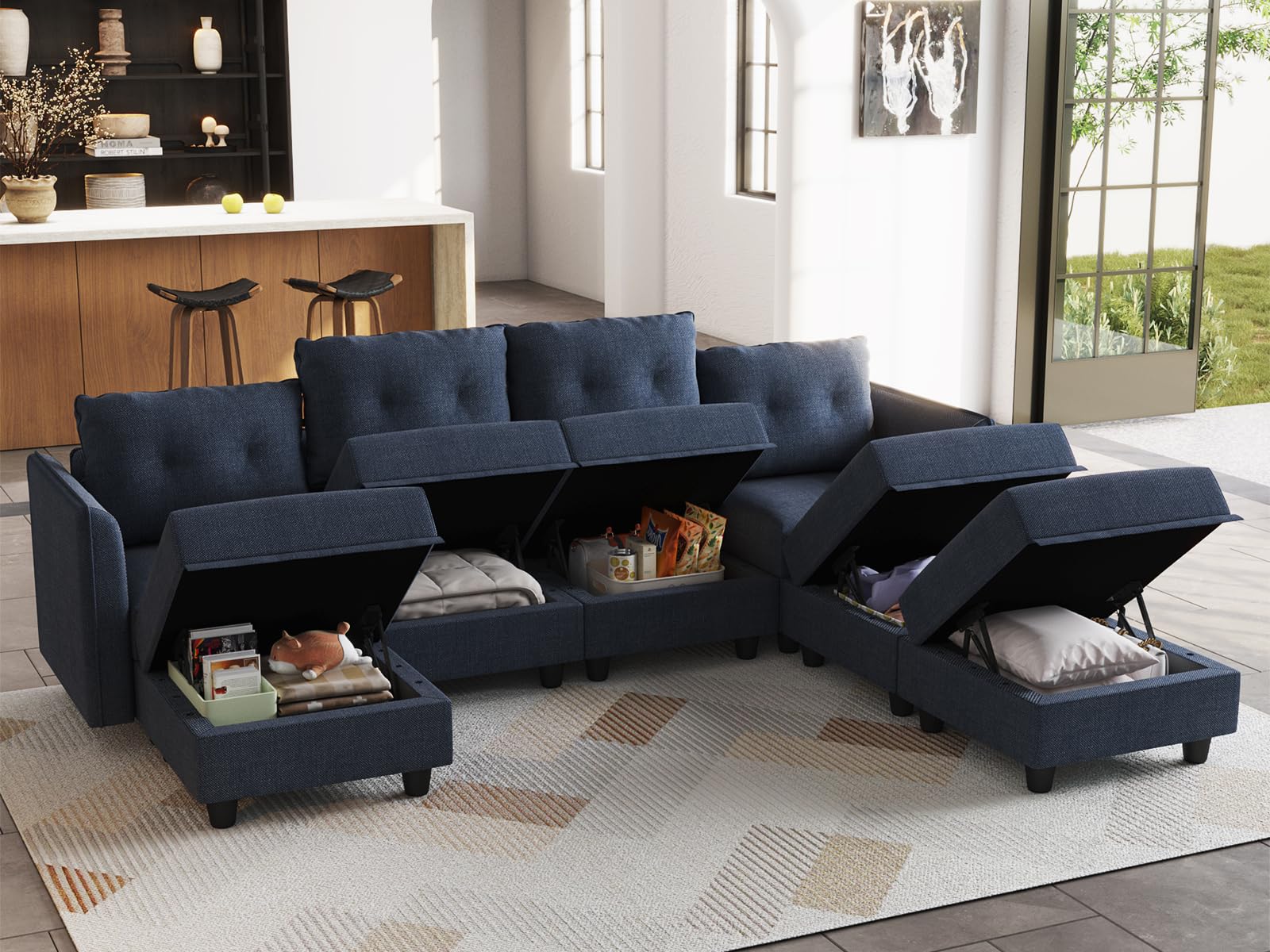 LLappuil Modular Sectional Sofa with Storage U Shaped Couch with Reversible Chaise Luxury Velvet Sofas for Living Room 4 Seats with 3 Ottomans Denim Blue