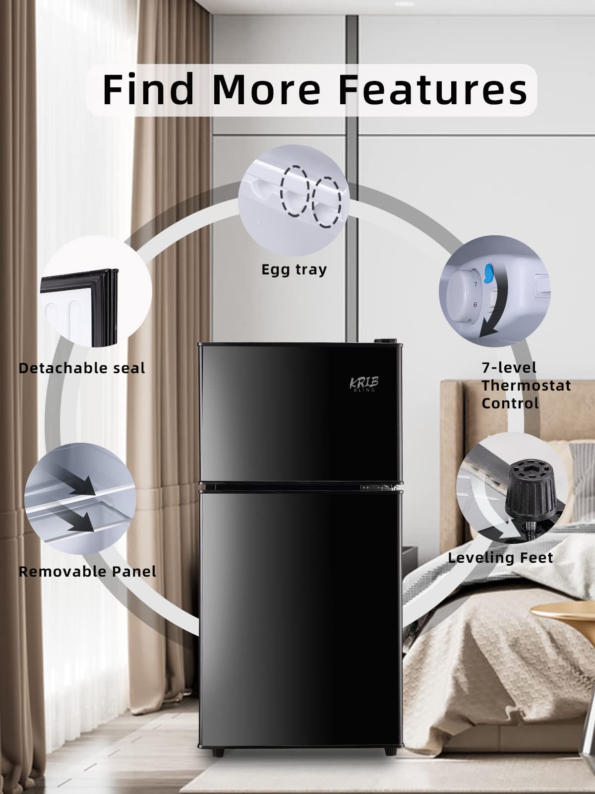 KRIB BLING Compact Refrigerators with Freezer on Top, Mini Fridge 7- Level Adjustable Thermostat, Small Refrigerator for Apartment, Office, Camping, Black, FLS