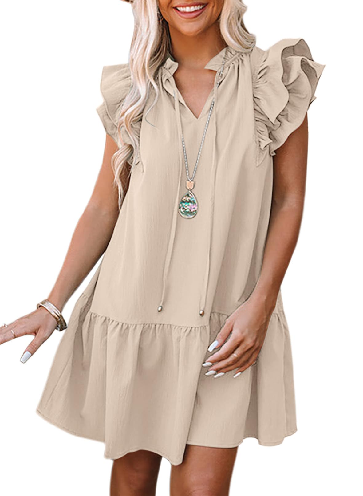 Dokotoo Spring Summer Dresses for Women 2024 Sleeveless V-Neck Ruffle Pockets Lightweight Swing Tunic Dress Solid Color Easter Mini Short Dress Beige Meium