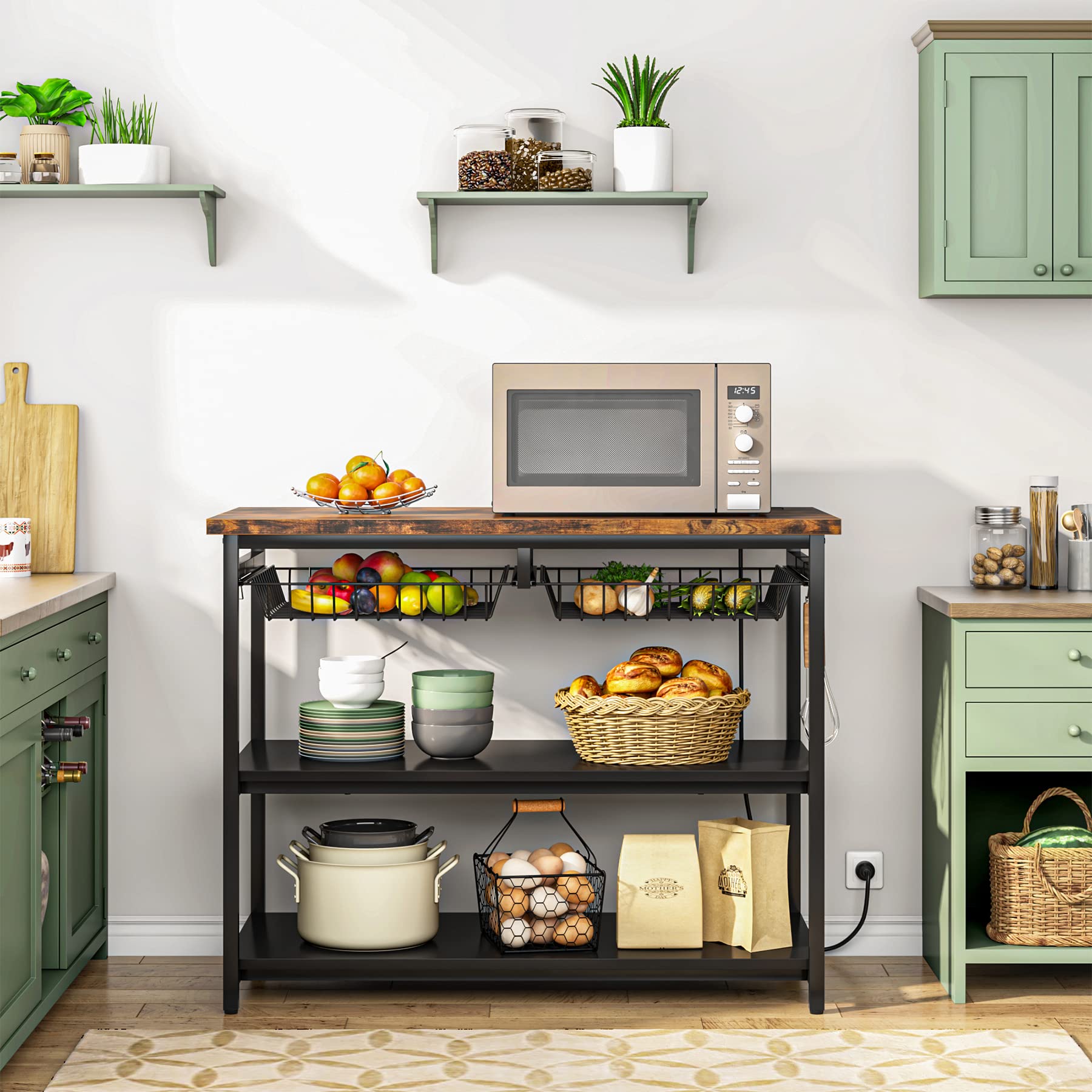 Tribesigns Kitchen Island with Storage, Industrial Island Table with Power Outlets and Wire Baskets, 3 Tier Microwave Oven Stand Butcher Block Island with Large Worktop, 4 Hooks, Rustic Brown