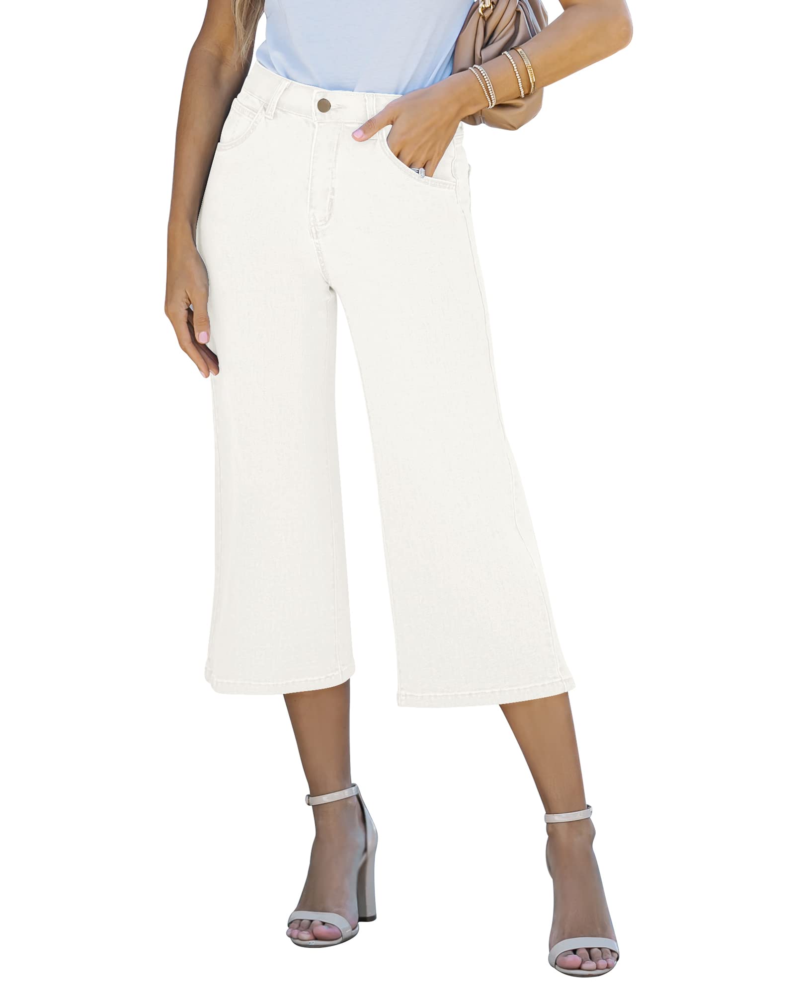Vetinee Women's High Waisted Capri Pants, Denim Jeans, X-Large, Brilliant White