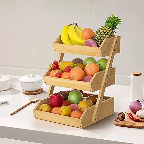 Large 3 Tier Bamboo Fruit Basket Stand for Kitchen Countertop β Fruit Holder β Perfect for Bread, Vegetables, Produce, Home Storage and Display