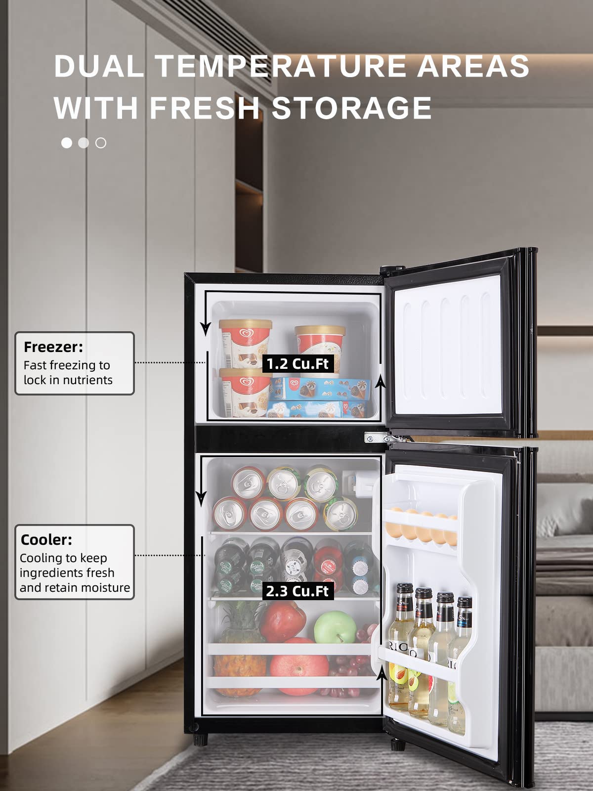 KRIB BLING Compact Refrigerators with Freezer on Top, Mini Fridge 7- Level Adjustable Thermostat, Small Refrigerator for Apartment, Office, Camping, Black, FLS