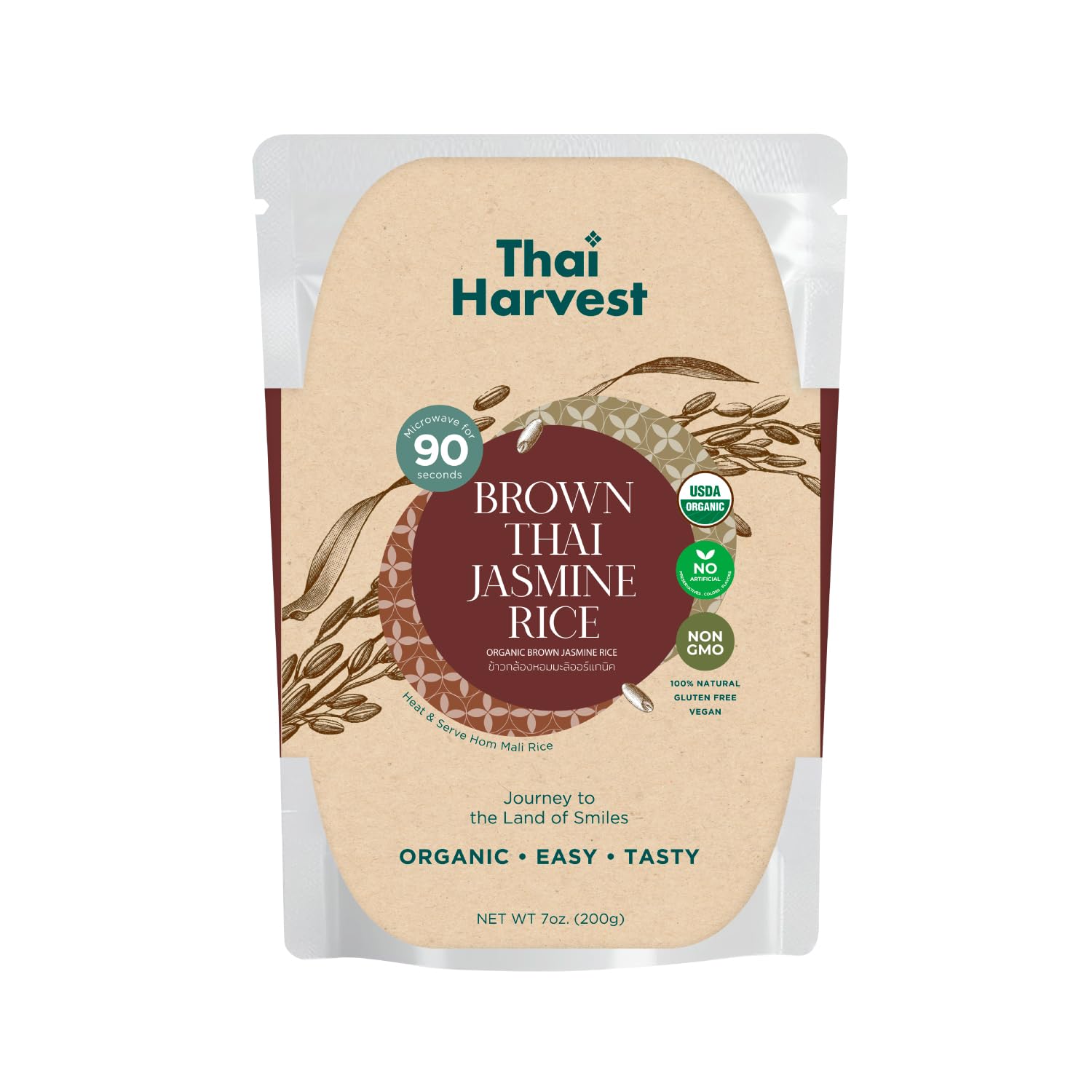 THAI HARVEST 100% USDA Organic Brown Jasmine Rice 7 Ounce (Pack of 8) Microwaveable 90 Seconds Ready to Eat Instant Jasmine Rice for Quick Dinner Meals Zero Preservatives Gluten Free